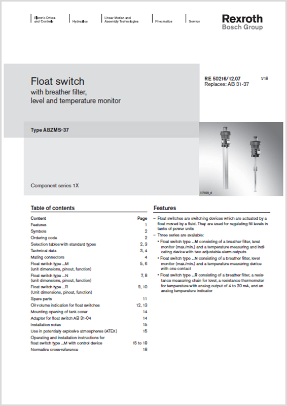 Bosch Rexroth level and temperature monitoring float switch with ...