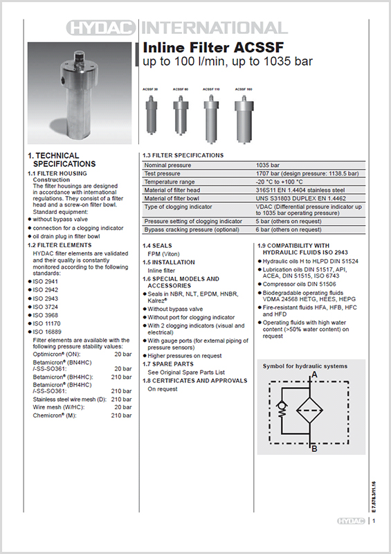 Hydac Stainless Steel High-pressure Filter ACSSF - HYQUIP Limited