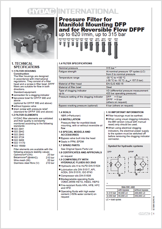 Hydac Pressure Filter DFP for Panel Mounting, Reversible Flow DFPF and ...