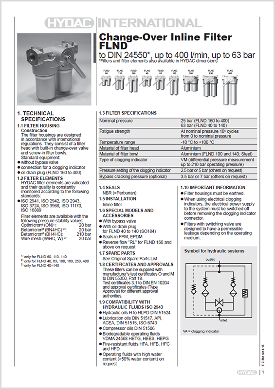 Hydac Reversible Inline Filters FLND in Accordance with DIN 24550 ...