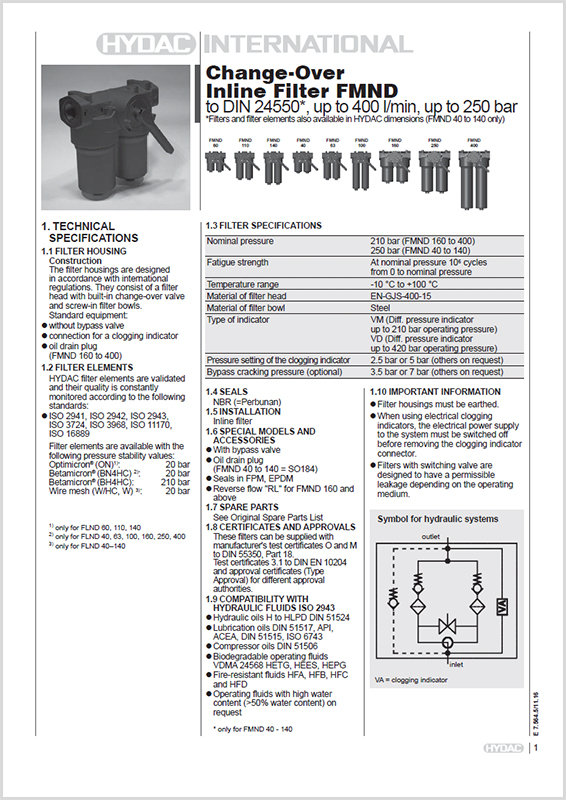 Hydac Reversible Inline Filters FMND in Accordance with DIN 24550 ...