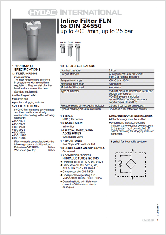 Hydac Inline Filter FLN in Accordance with DIN 24550 - HYQUIP Limited