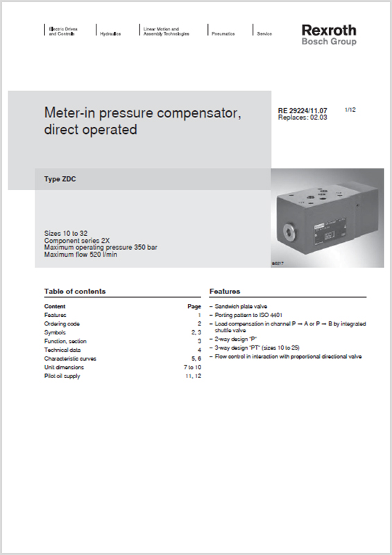 Direct Operated Meter-in Pressure Compensator ZDC 10...32 - HYQUIP Limited
