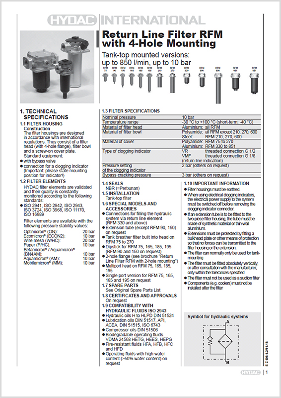 Hydac Return Line Filter with 4-Hole Mounting RFM - HYQUIP Limited