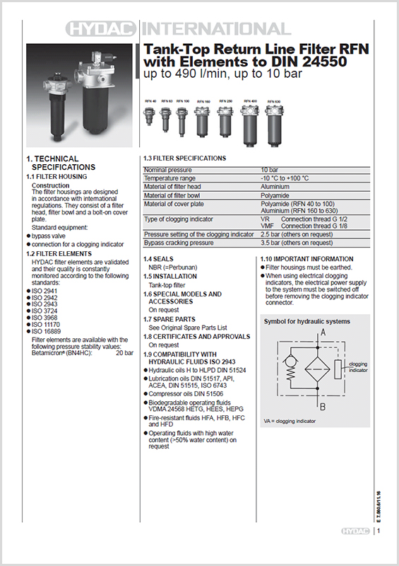 Hydac Tanktop Mounted Return Line Filter RFN in Accordance with DIN ...