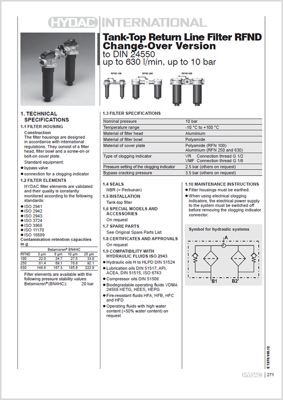 Hydac Reversible Mounted Return Line Filter RFND in Accordance with DIN ...