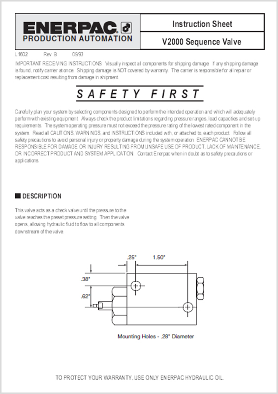 Enerpac MVP, WVP, V-series Hydraulic Sequence Valves - HYQUIP Limited