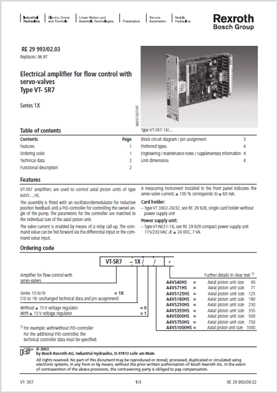 Valve Amplifier for Adjusting the Flow of Axial Piston Pumps VT-SR7-1X ...